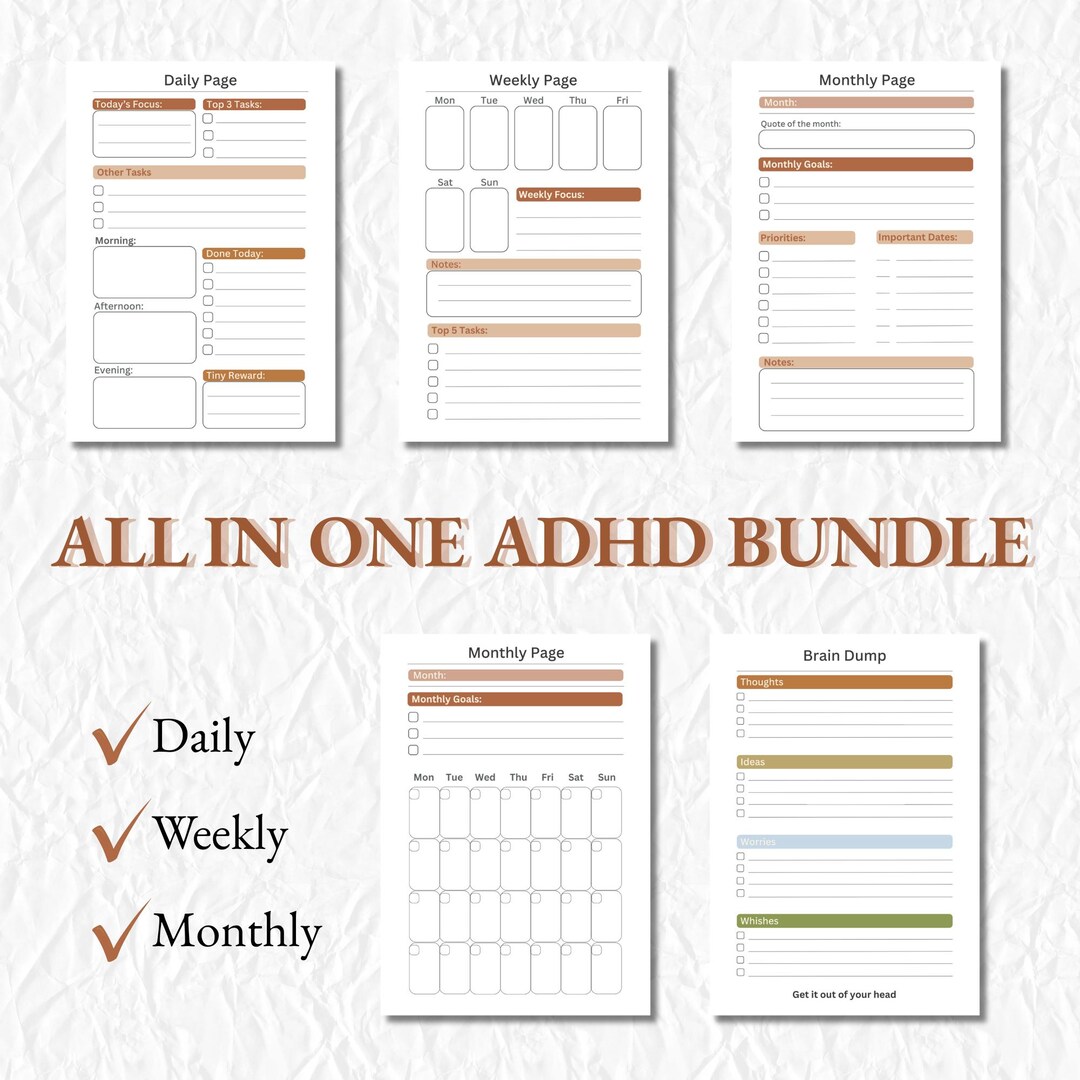 Pink/brown ADHD Planner Printable | Daily, Weekly, Monthly Pages ...
