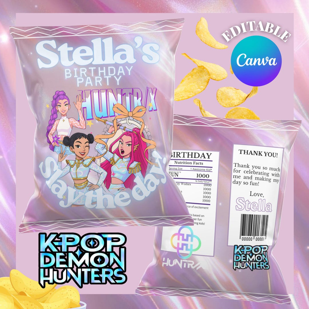 KPOP Demon Hunters Birthday Chip Bag, Editable Canva Template ...