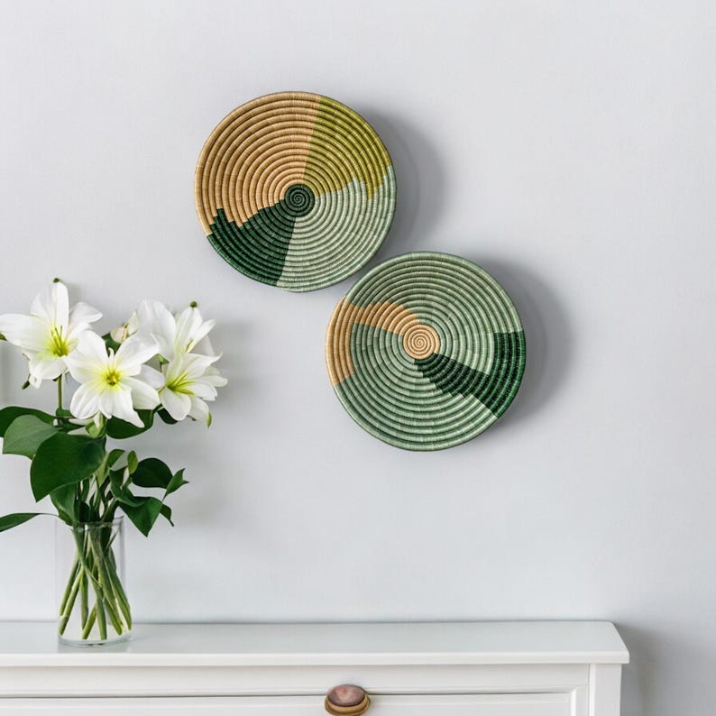 Set of 2 Basket Wall Decor, Green Wall Baskets, African Boho Home ...