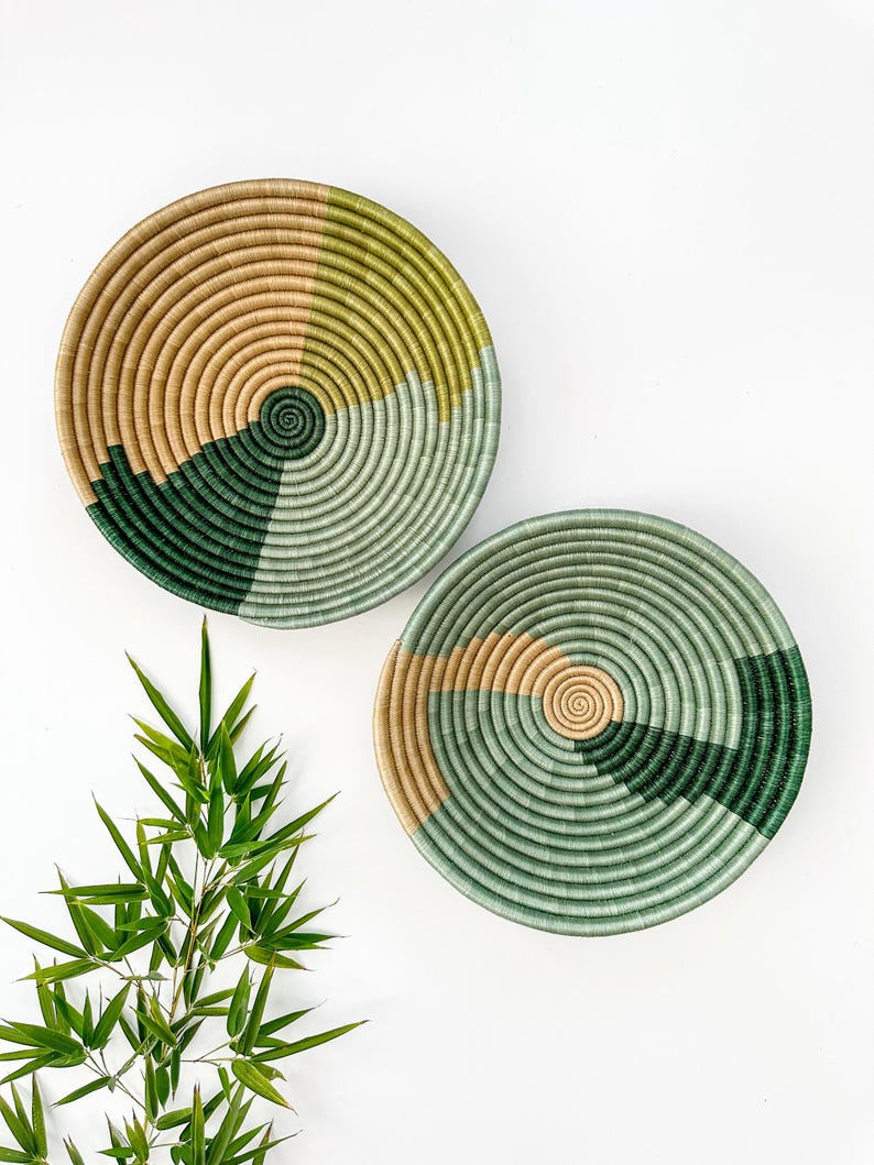 Set of 2 Basket Wall Decor, Green Wall Baskets, African Boho Home ...