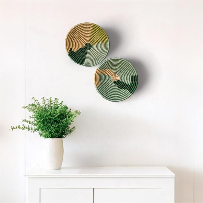 Set of 2 Basket Wall Decor, Green Wall Baskets, African Boho Home ...