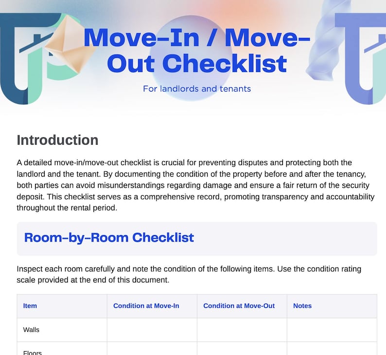 Move-in / Move-out Checklist | Landlord & Tenant Rental Property PDF - Etsy