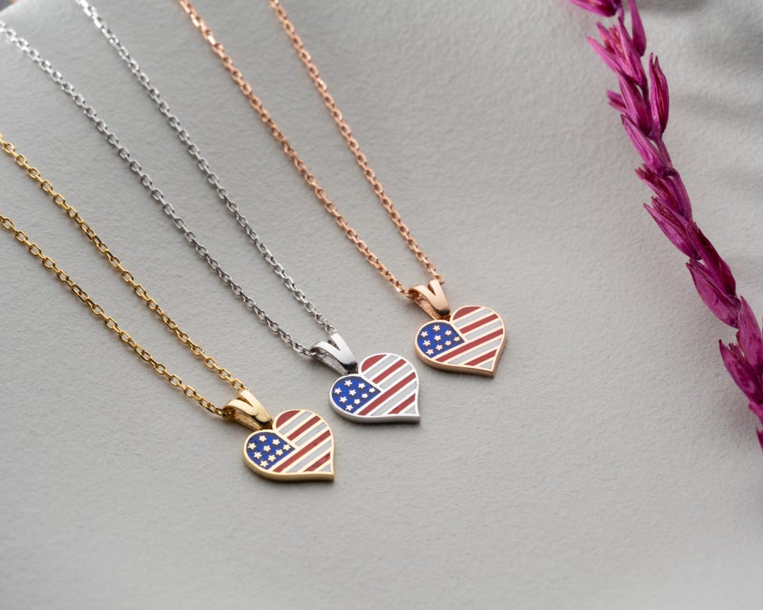 USA Flag Heart Necklace: Sterling Silver Patriotic Pendant - Etsy