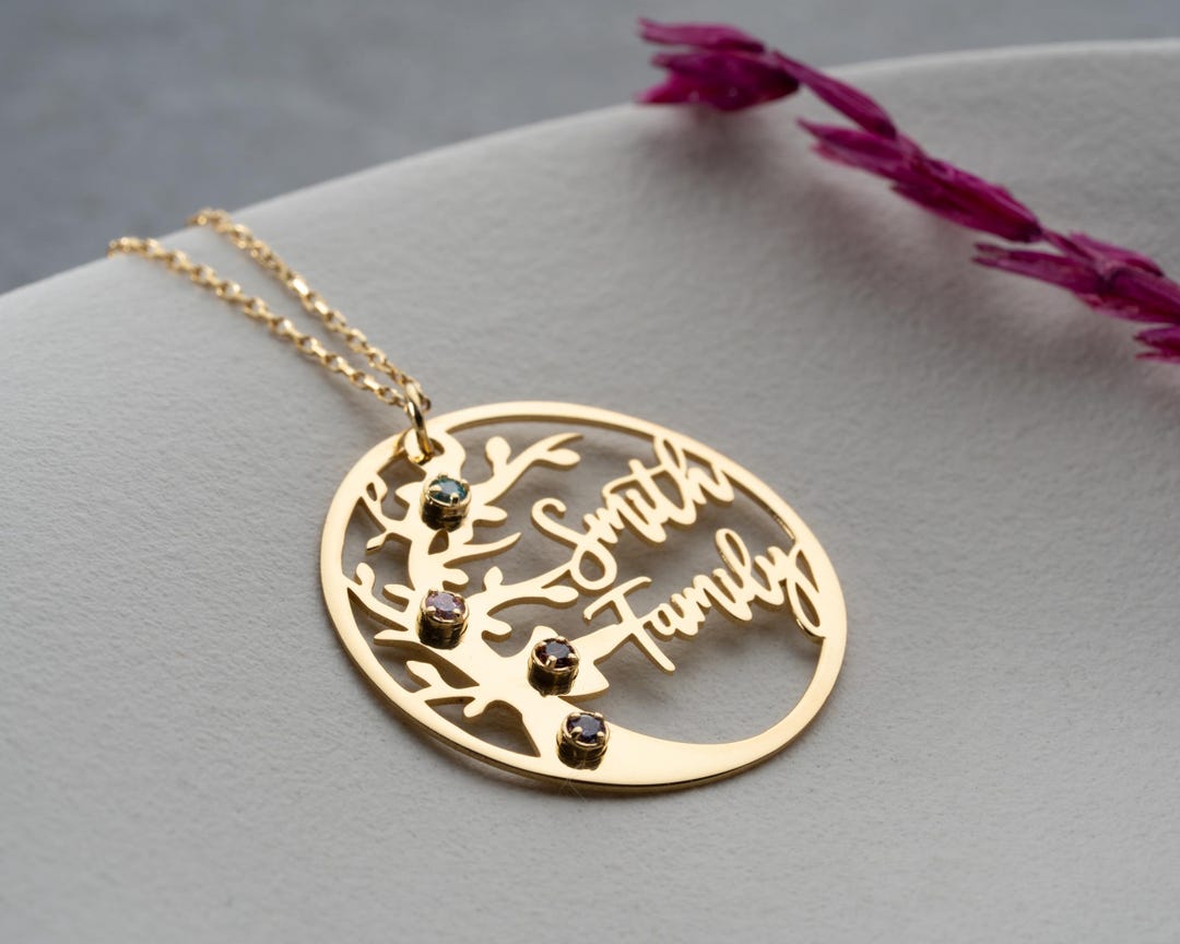 14k Gold Family Tree Necklace - Personalized Birthstone Pendant - Etsy