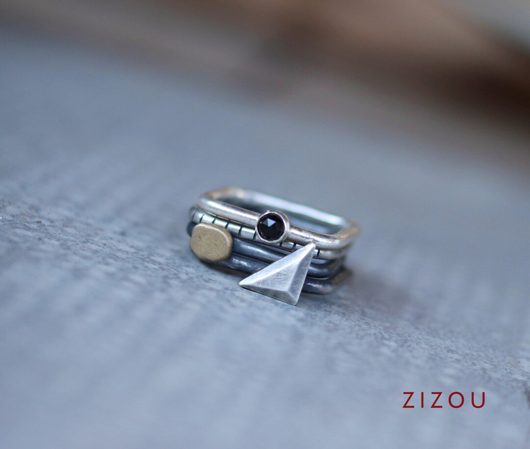 Sterling Silver Set of Four Rings With Gemstone Black Spinel and ...