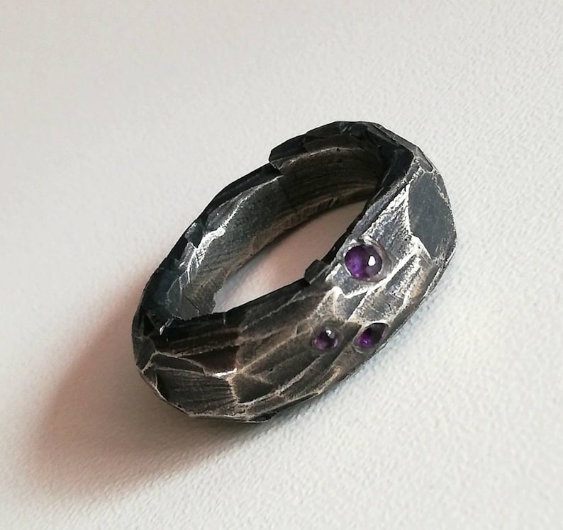 Statement silver woman ring with amethyst raw oxidized | Etsy