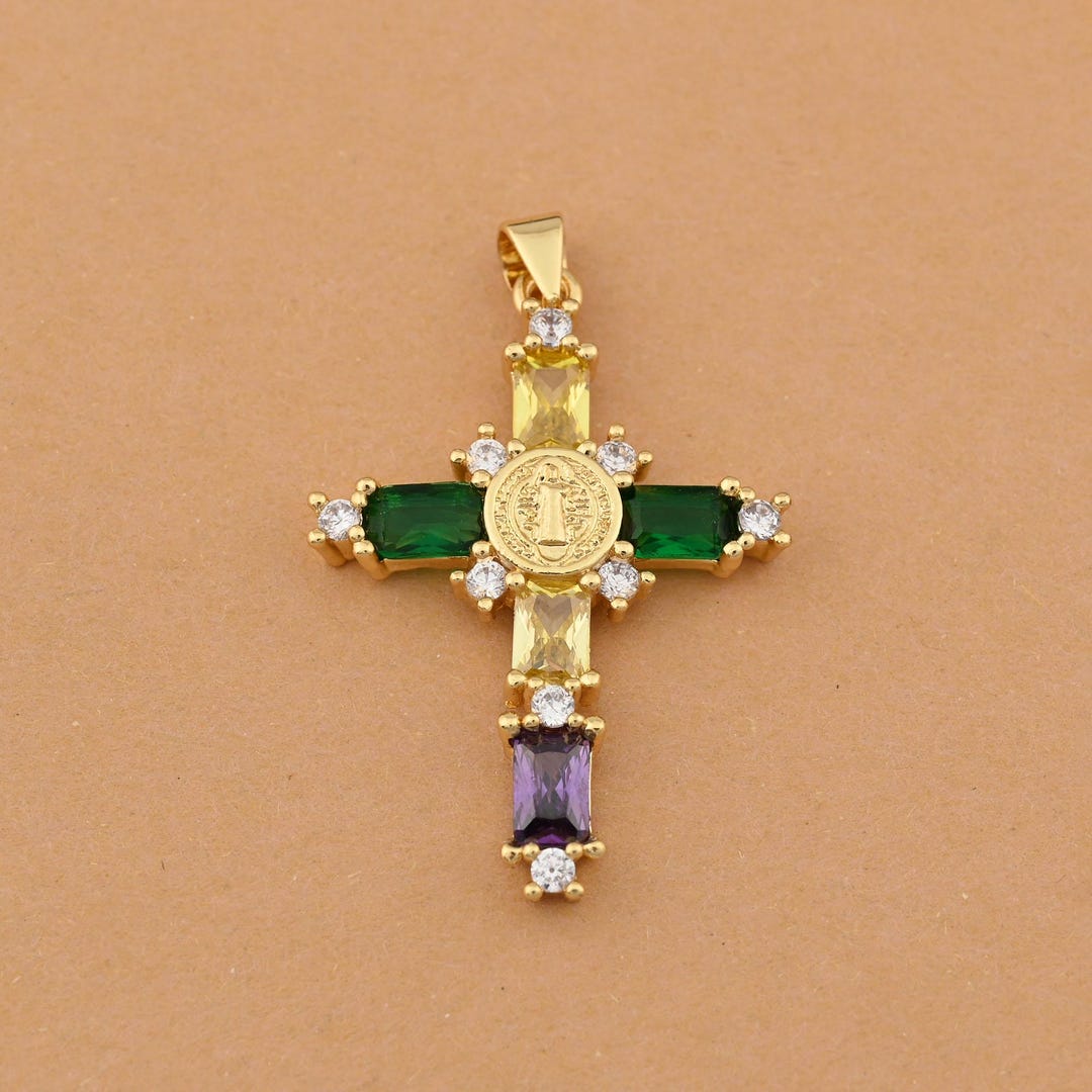 Multi Gem Cross Pendant Featuring Green Yellow and Purple Stones With ...