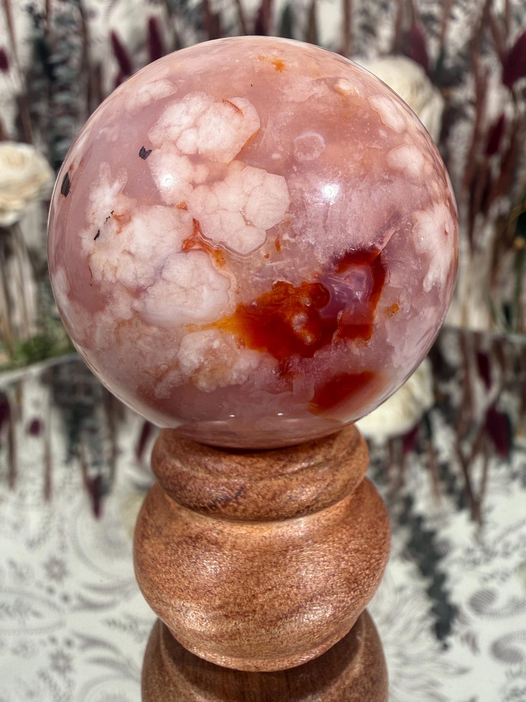 46mm Carnelian Flower Agate Sphere | Polished Crystal Ball | Orange ...