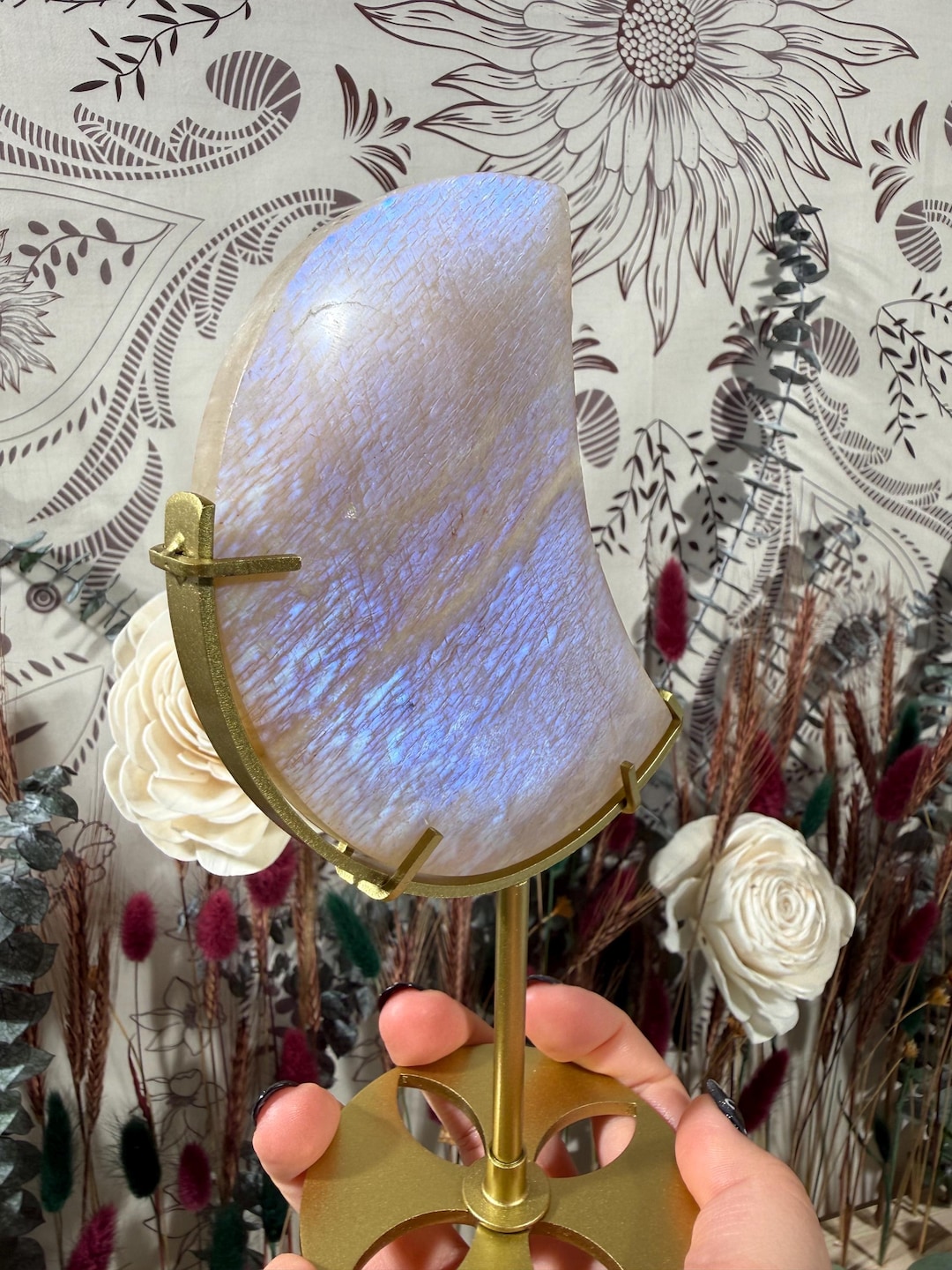 Blue Flash Moonstone Moon Carving | on Stand Polished Display | Exact ...