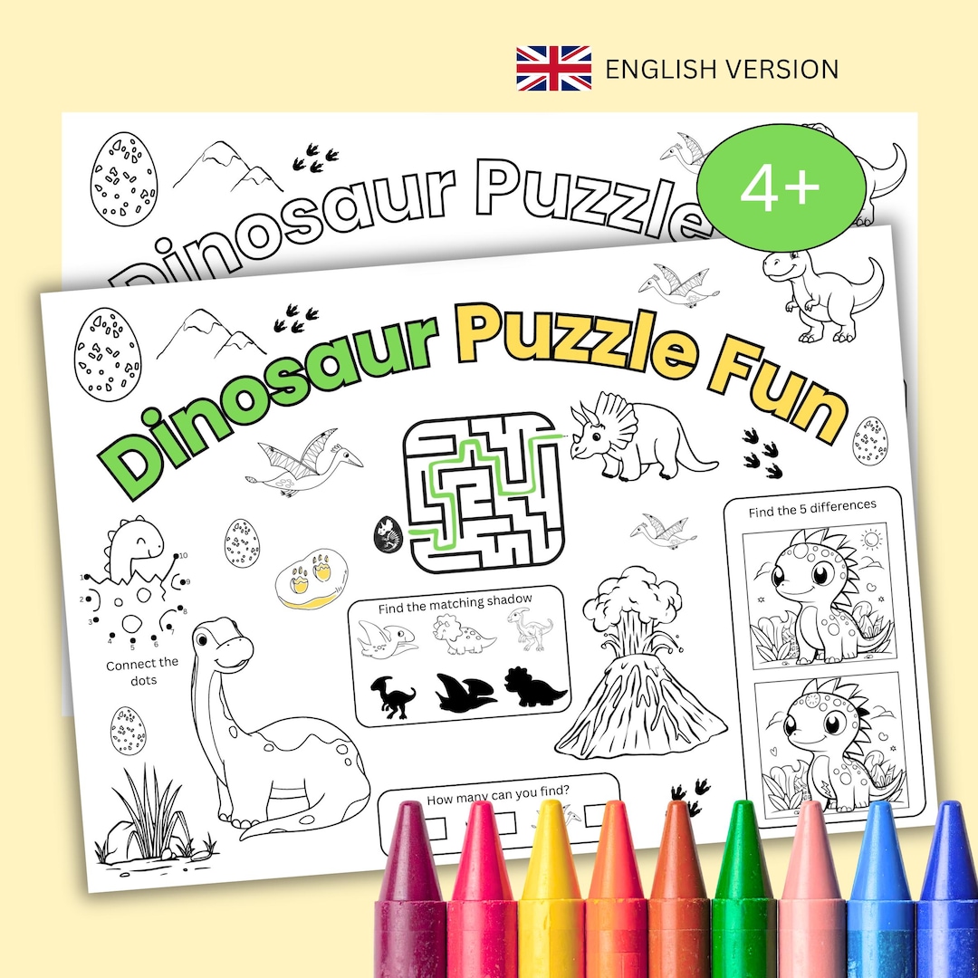 Dinosaur Activity Placemat for Kids – Printable Coloring & Puzzle Sheet ...