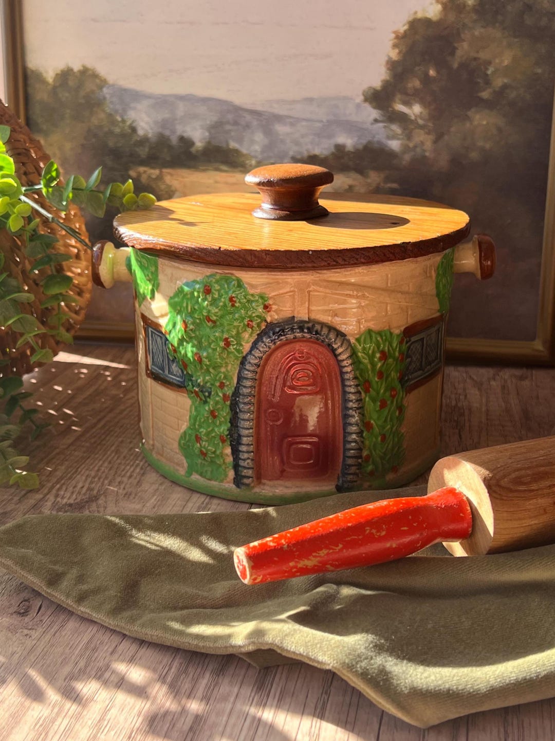 Vintage Cottagecore Biscuit Jar – Hand-painted Ceramic Cookie Barrel ...