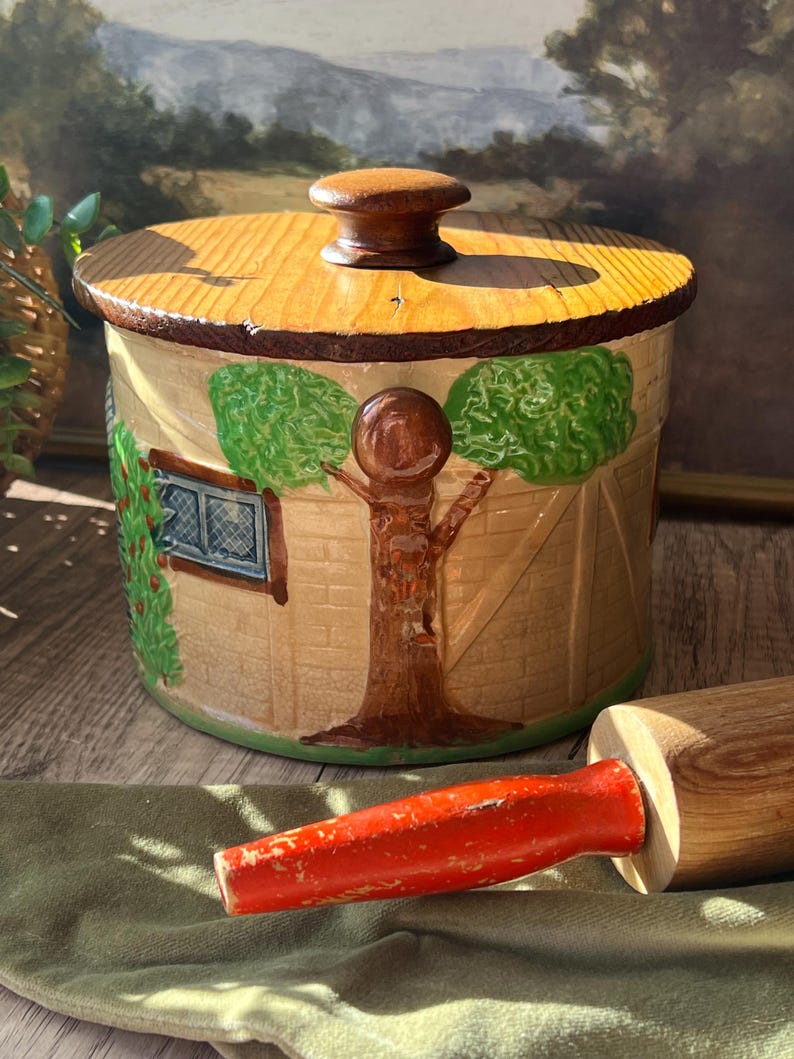Vintage Cottagecore Biscuit Jar – Hand-painted Ceramic Cookie Barrel ...