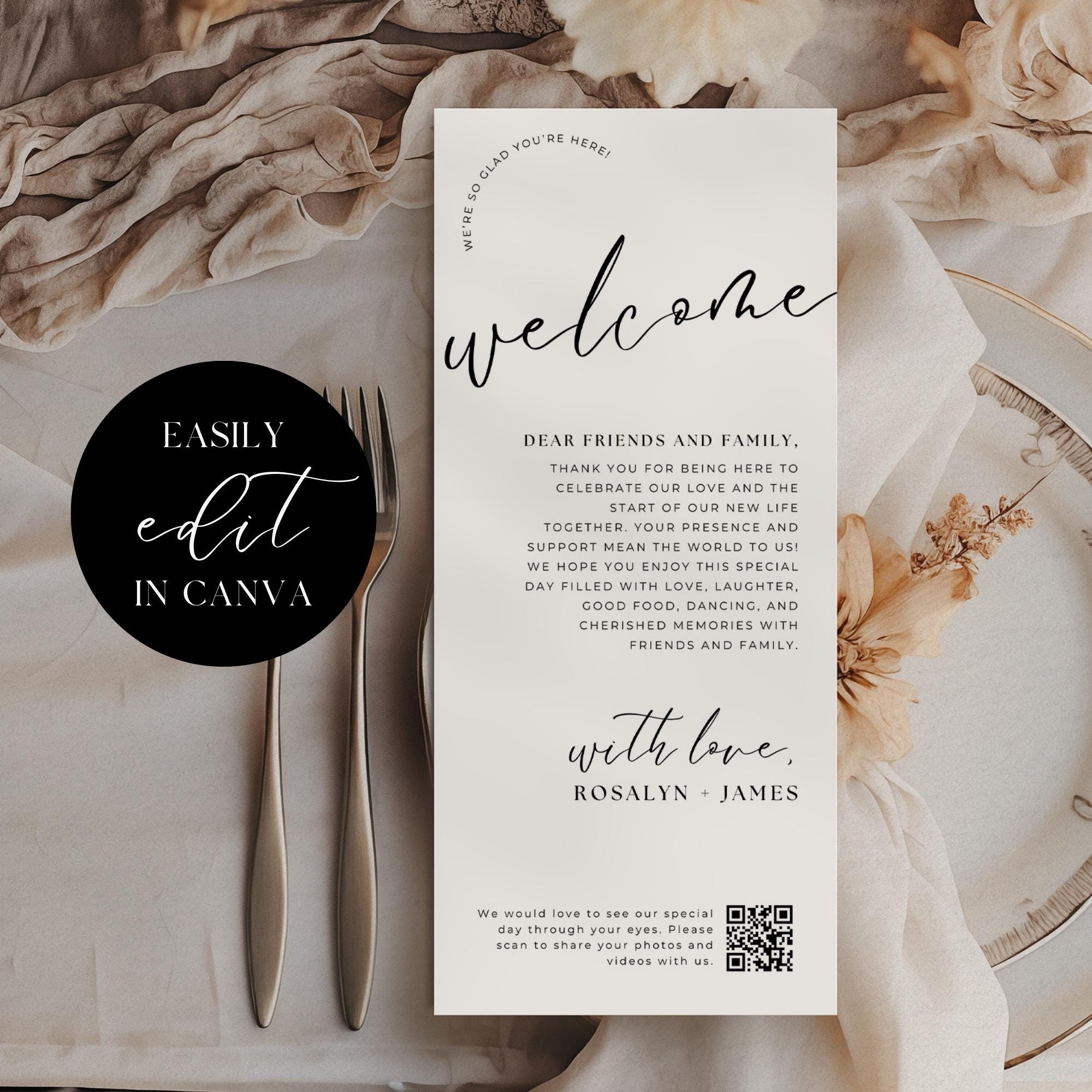 Modern Wedding Menu & Welcome Card: Minimalist Canva Template (digital ...