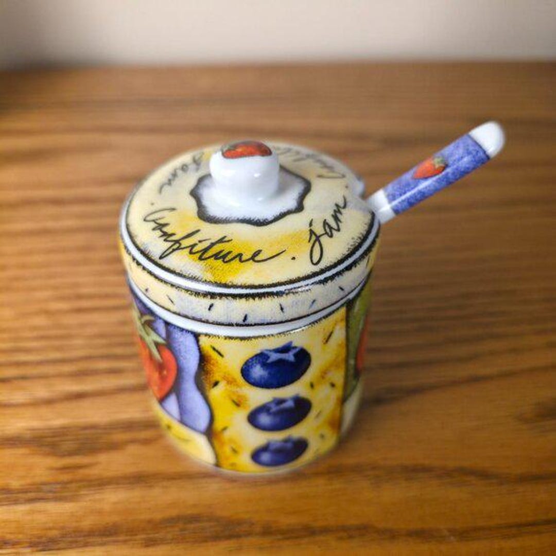 Small Ceramic Jam Jar With Lid & Spoon | Fruit Motif | MSC | Kitchen ...