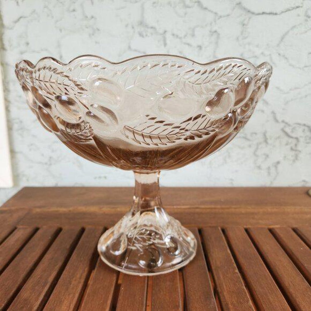 Vintage Pink Pressed Glass Compote Bowl, Fruit & Leaf Design - Etsy