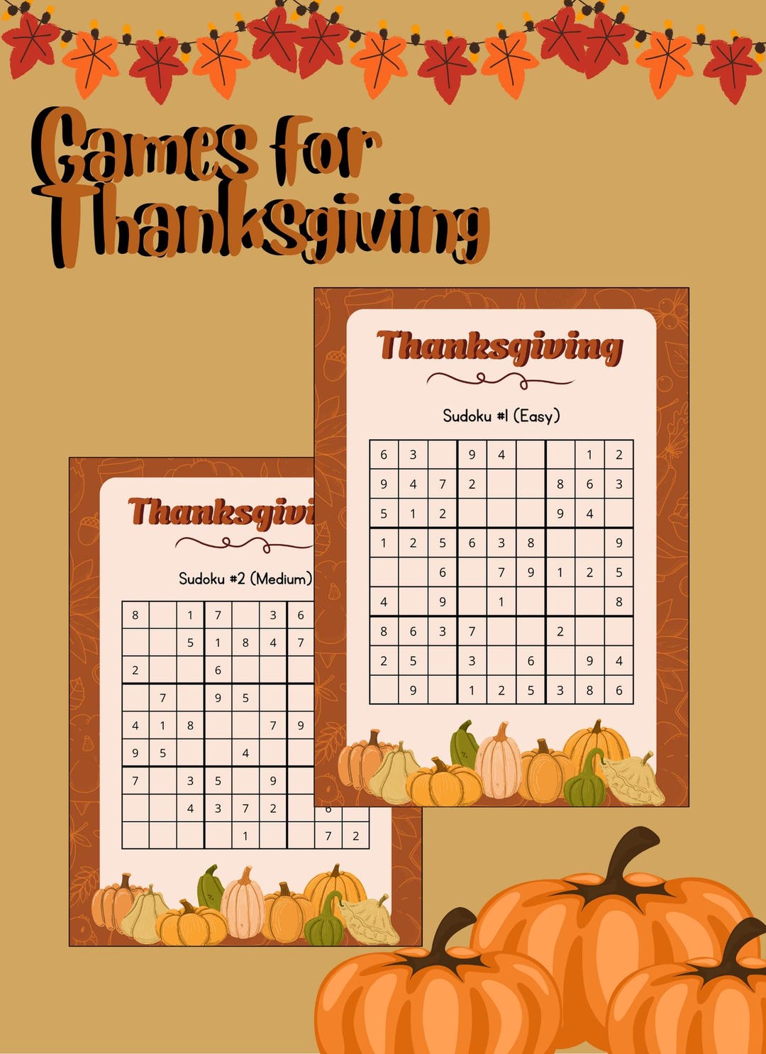 Six Thanksgiving Sudoku Printable | Friendsgiving Table Games | Fall ...