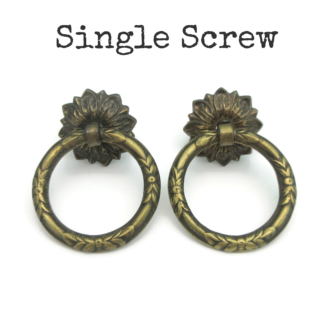 Pair of Vintage Ring Drawer Pulls 2 Aged Brass Ornate Drop Handles ...