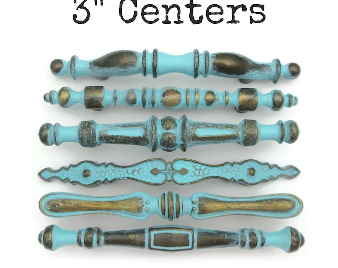 6 Different Vintage Drawer Pulls 3" Centers Distressed Turquoise Aqua Blue Brass CLEARANCE - Etsy