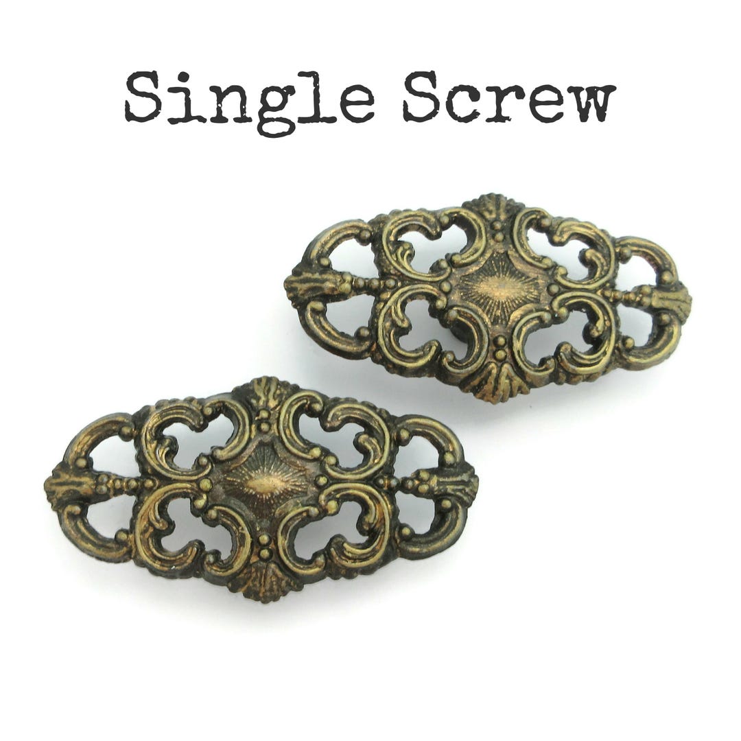 Pair of Drawer Knobs Ornate Long Oval French Provincial Handles Aged ...