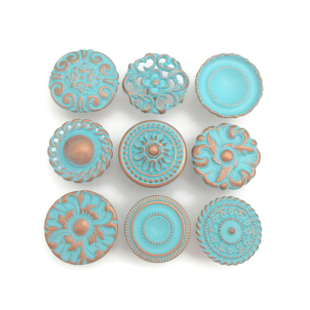 Mismatched Copper & Turquoise Drawer Knobs: Eclectic Set of 9 - Etsy