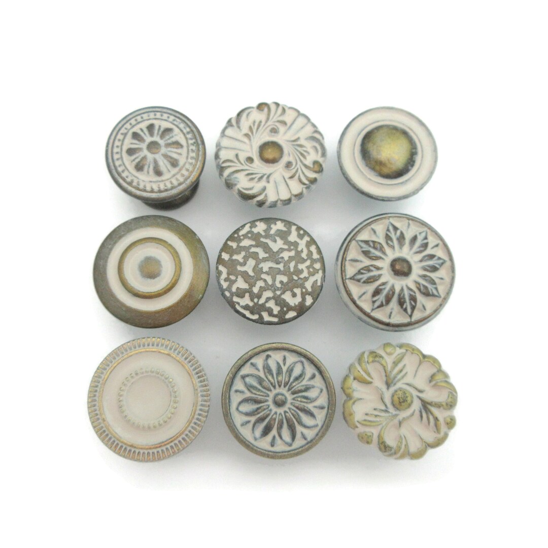 Vintage Distressed Cream Drawer Knobs - Set of 9 - Etsy