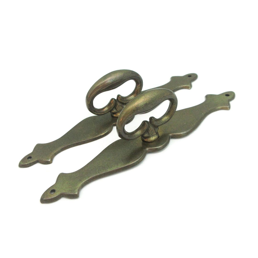 2 Vintage Backplates & Faux Mock Key Knobs Brass Tone Drawer Pulls ...