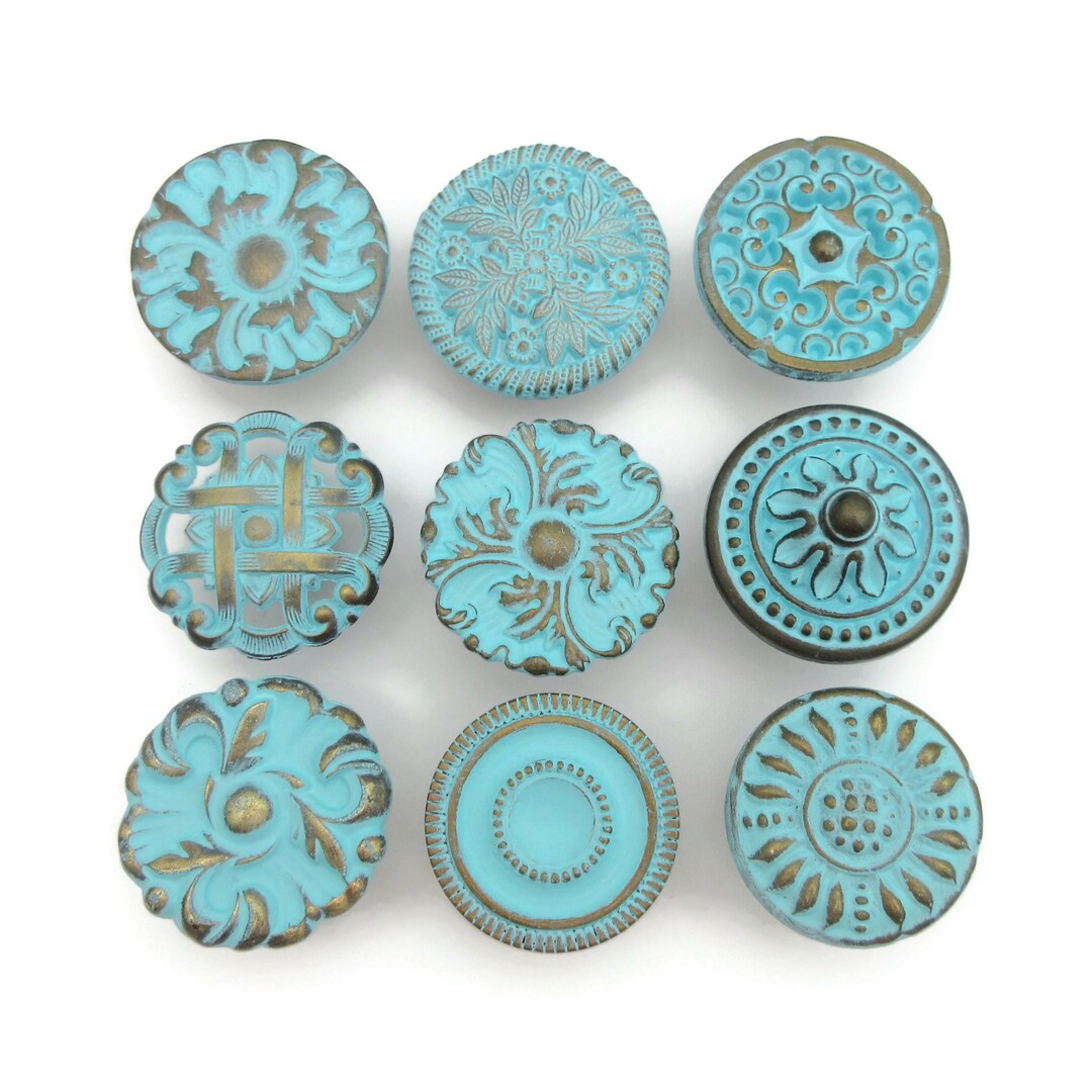 Vintage Turquoise Brass Tone Drawer Knobs - Eclectic Set of 9 - Etsy