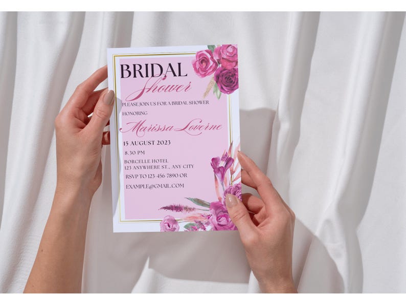 Pink Rose Bridal Shower Invitation Template, Editable Digital Floral ...