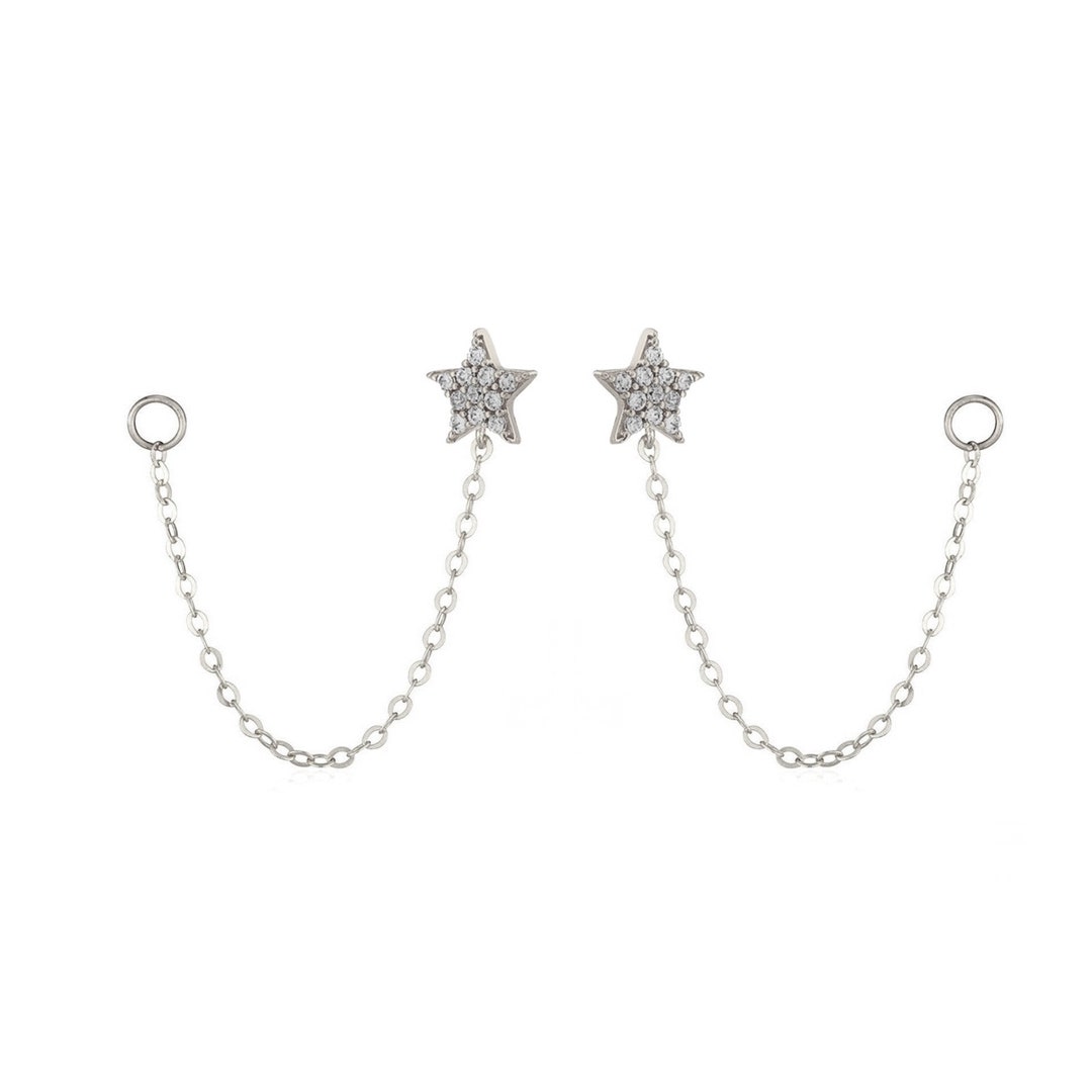 14kt Solid Gold Star Stud and Drape Chain. Stud Earring ,long Chain ...
