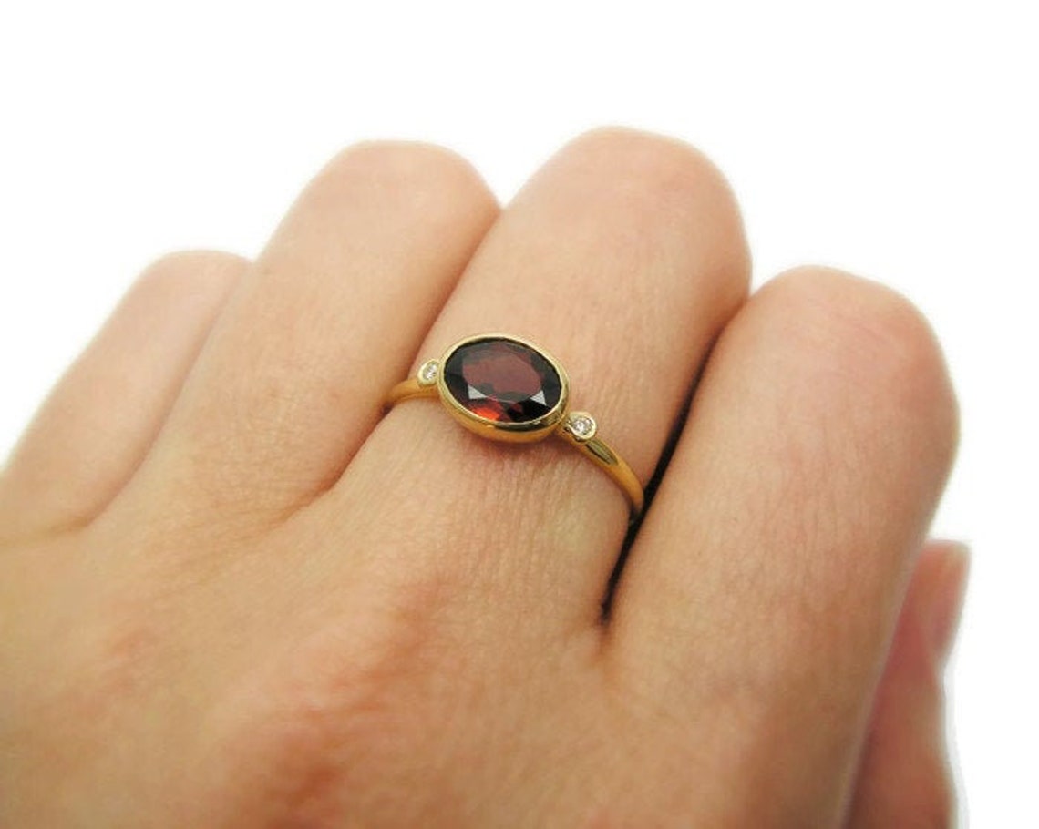 14kt solid gold Garnet ring. diamonds gold ring. 14k real gold | Etsy
