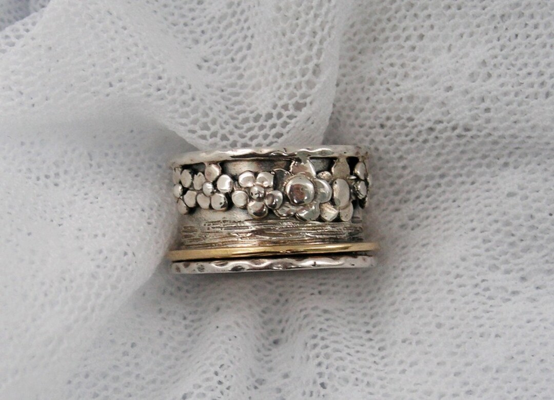Sterling Silver Gold Spinner Ring. Floral Spinner Ring. Wide Spinner ...