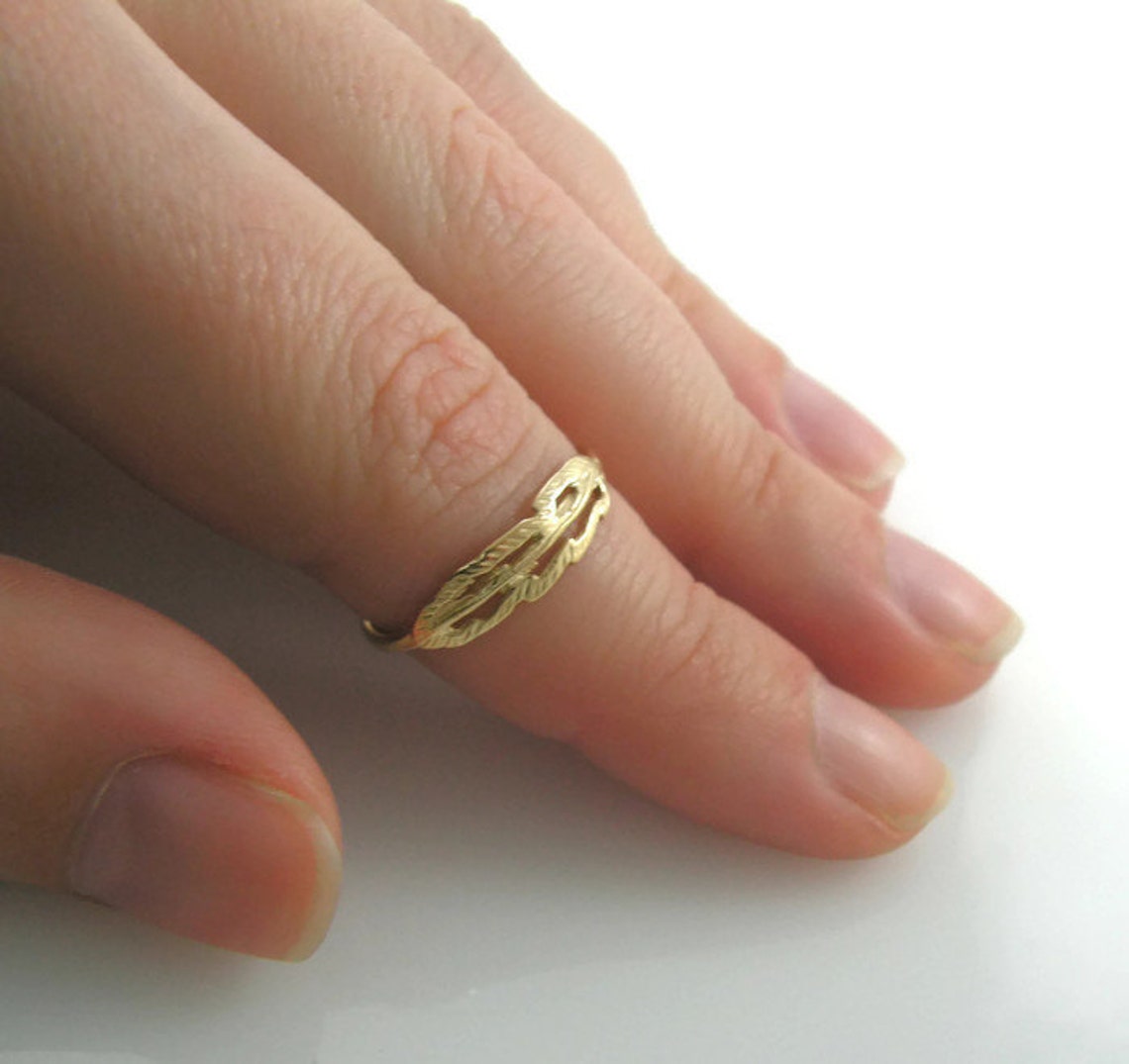 Feather ring. 14k Yellow gold feather ring. Feather gold ring. | Etsy
