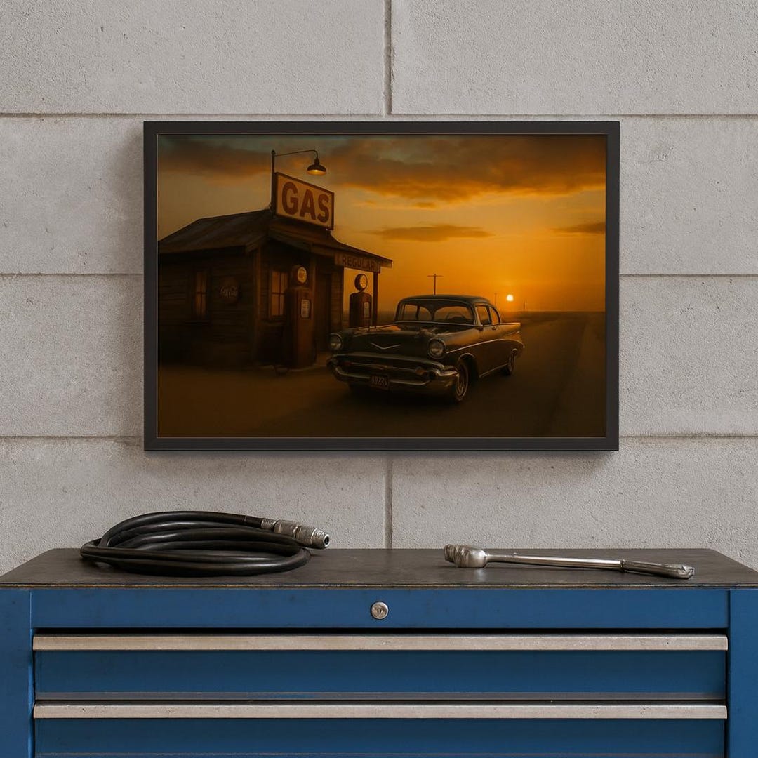 Vintage Gas Station Print: Classic Car, Retro Americana Wall Art - Etsy