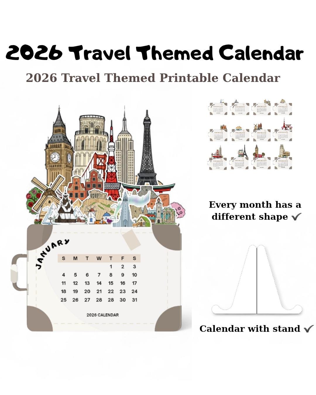 Printable 2026 Travel Themed Calendar | Monthly Changing Design - Etsy