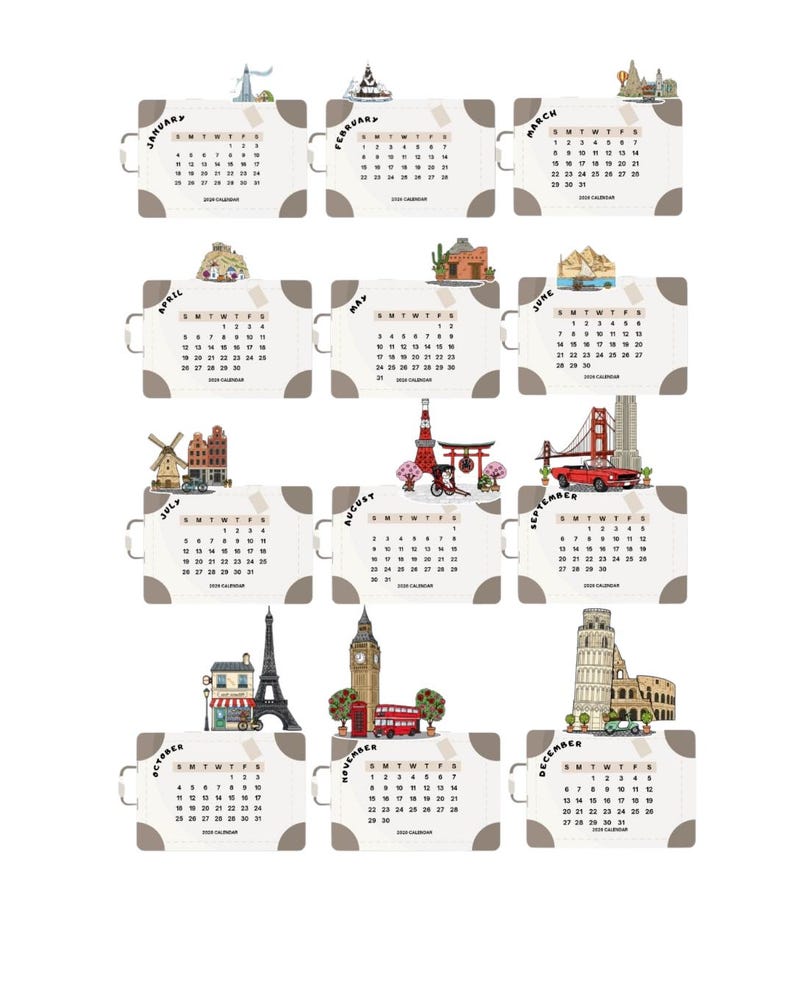Printable 2026 Travel Themed Calendar | Monthly Changing Design - Etsy