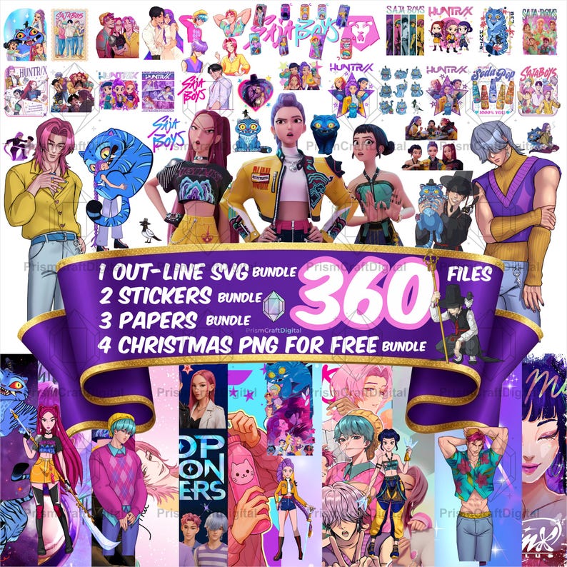 360 Files Kpop Demon Hunters SVG Bundle - Huntrix, Saja Boys Stickers ...