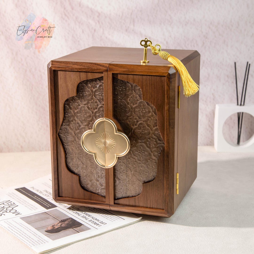 Luxury Wooden Jewelry Box With Lock and Tassel Key, Handmade Walnut ...