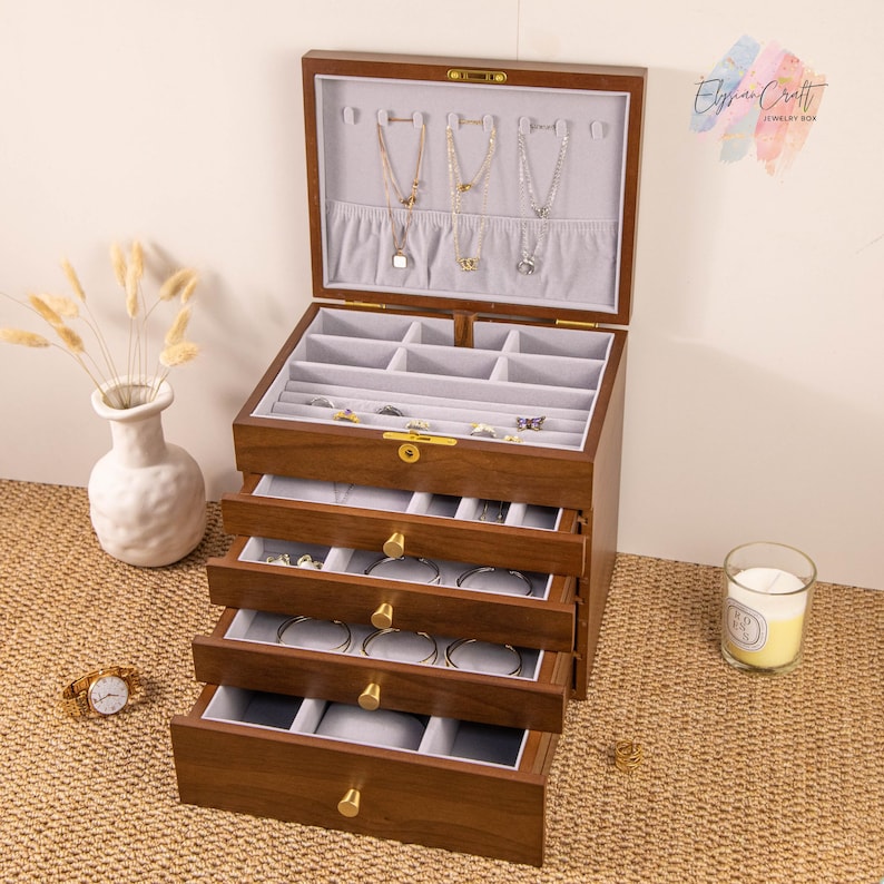 Luxury Walnut Jewelry Box, Custom Engraved Wooden Jewelry Box, Multi ...