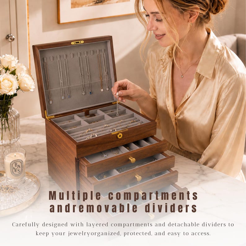 Luxury Walnut Jewelry Box, Custom Engraved Wooden Jewelry Box, Multi ...