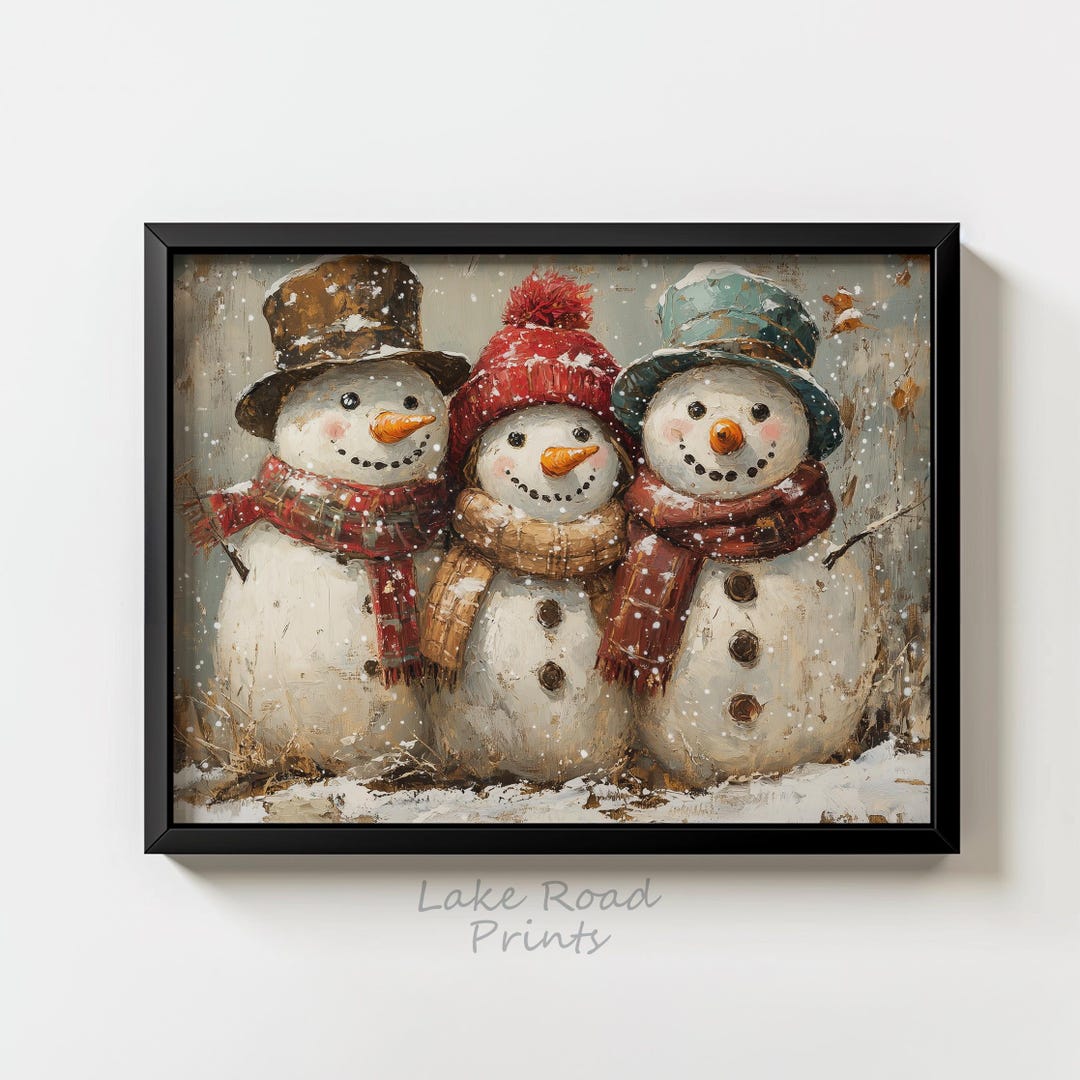 Rustic Snowman Family Painting - Printable Winter Wall Art, Vintage ...
