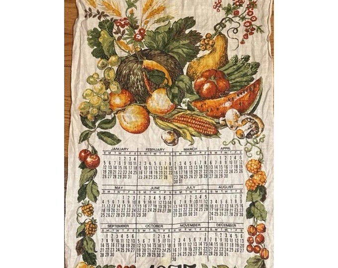 Vintage Kitchen Calendar Towel, 1975, Linen, Fruit, Leaves, Flowers ...