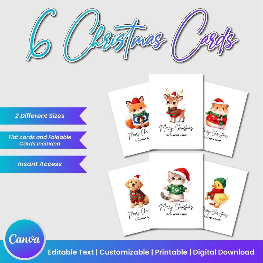 Editable Animal Christmas Cards Canva Template (digital Download) - Etsy