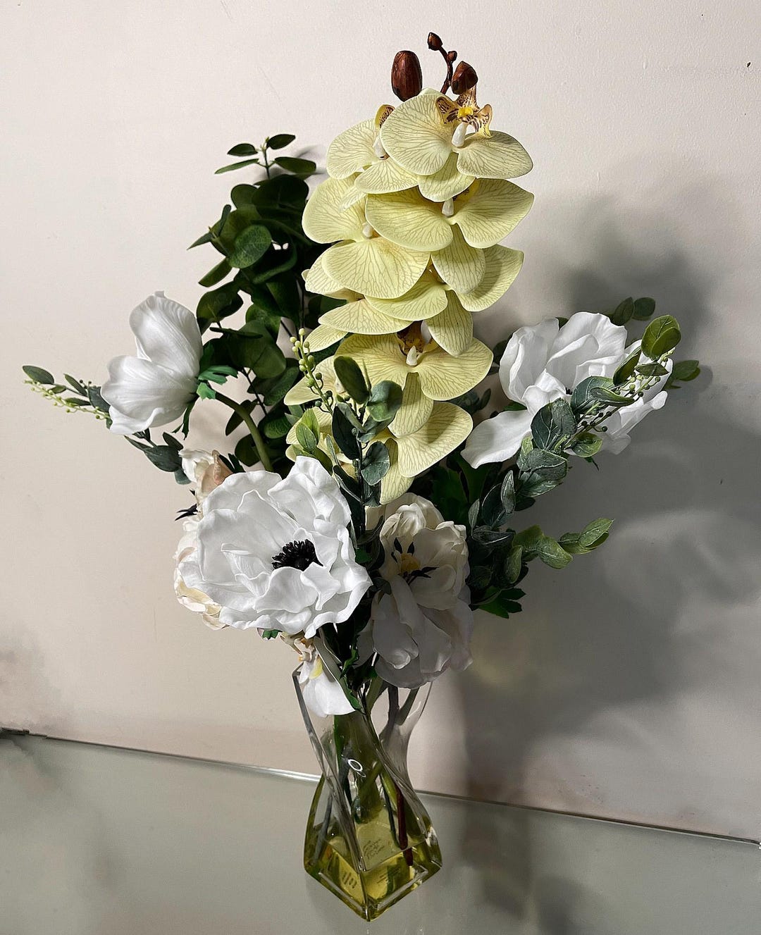 Faux Floral Arrangement: Cream Orchids, Peonies & Eucalyptus in Glass ...