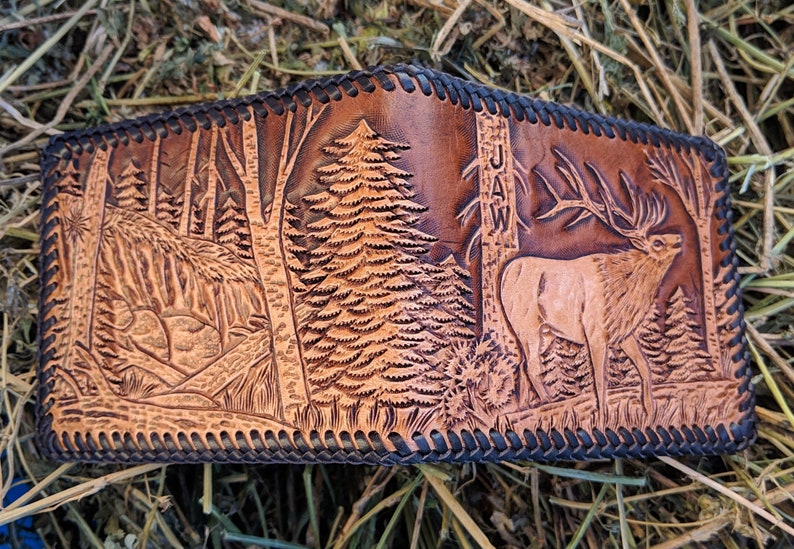 Handmade Leather Wallet With Bull Elk Scene - Etsy