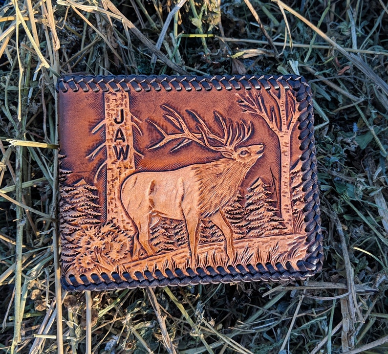Handmade Leather Wallet With Bull Elk Scene - Etsy