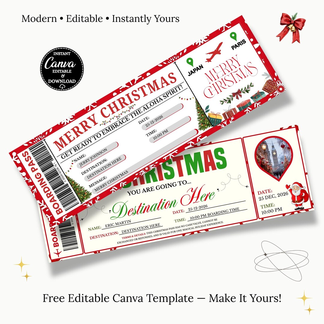 Christmas Boarding Pass Template, Editable Plane Ticket Gift, Surprise ...