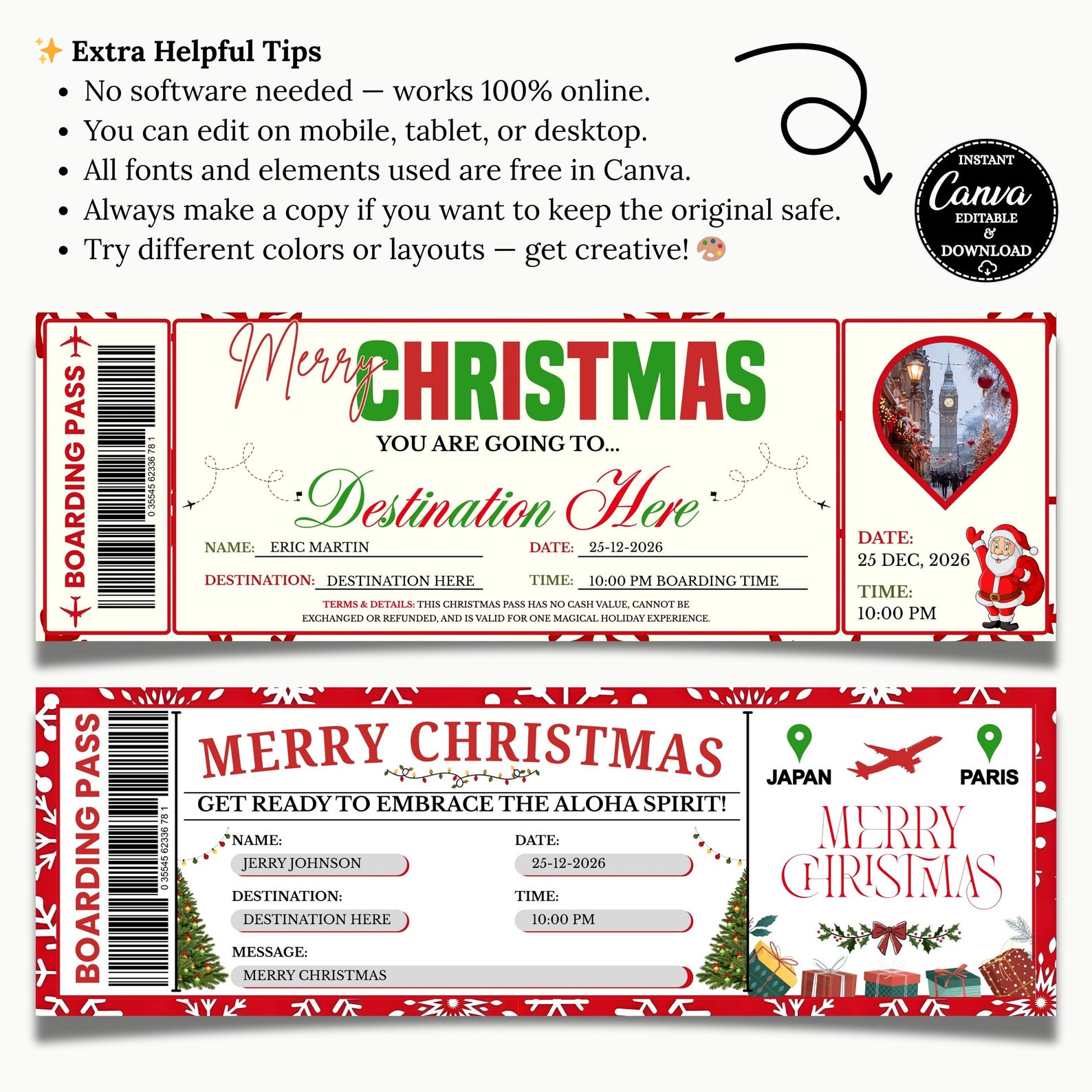 Christmas Boarding Pass Template, Editable Plane Ticket Gift, Surprise ...