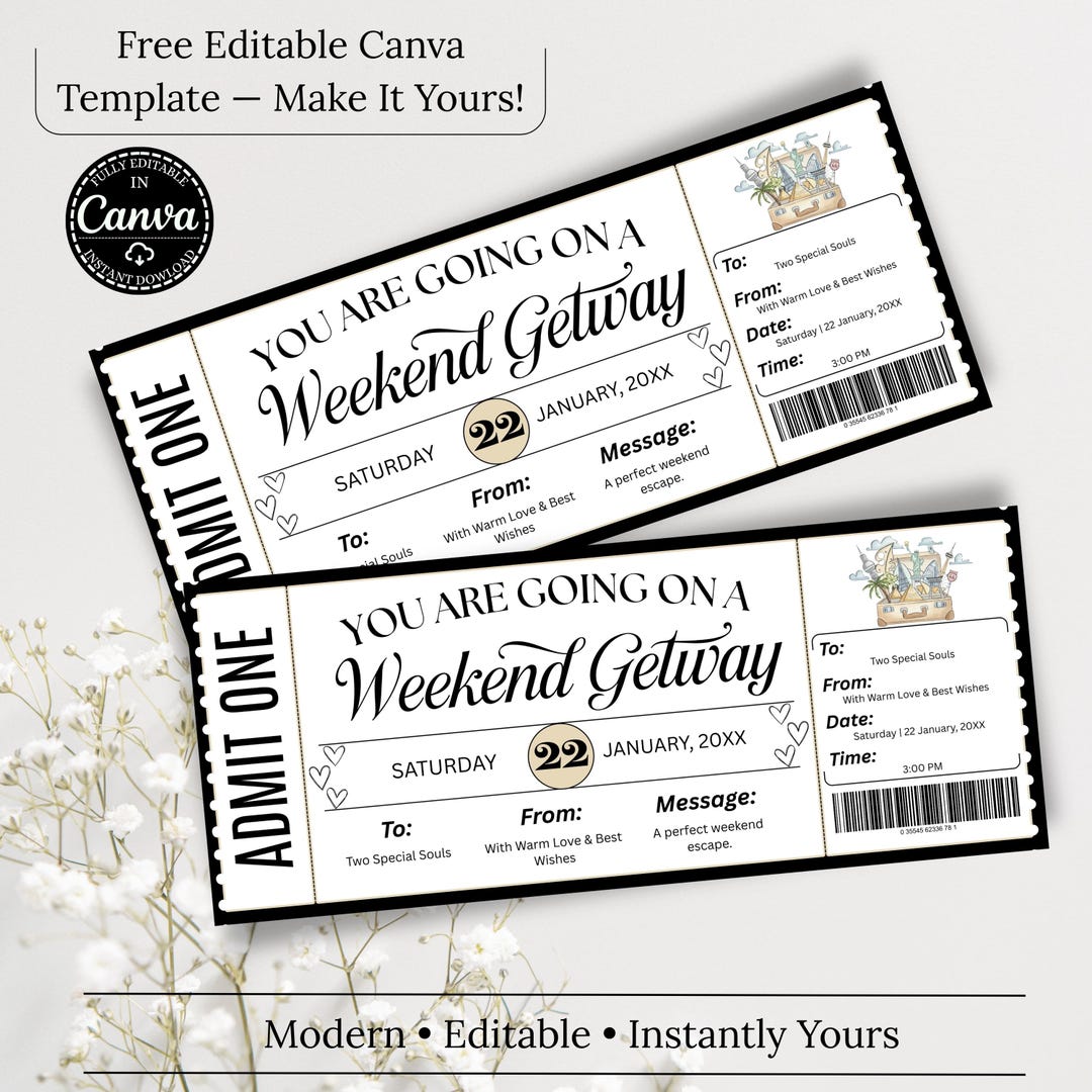 Editable Weekend Getaway Gift Voucher Template, Printable Trip Surprise ...