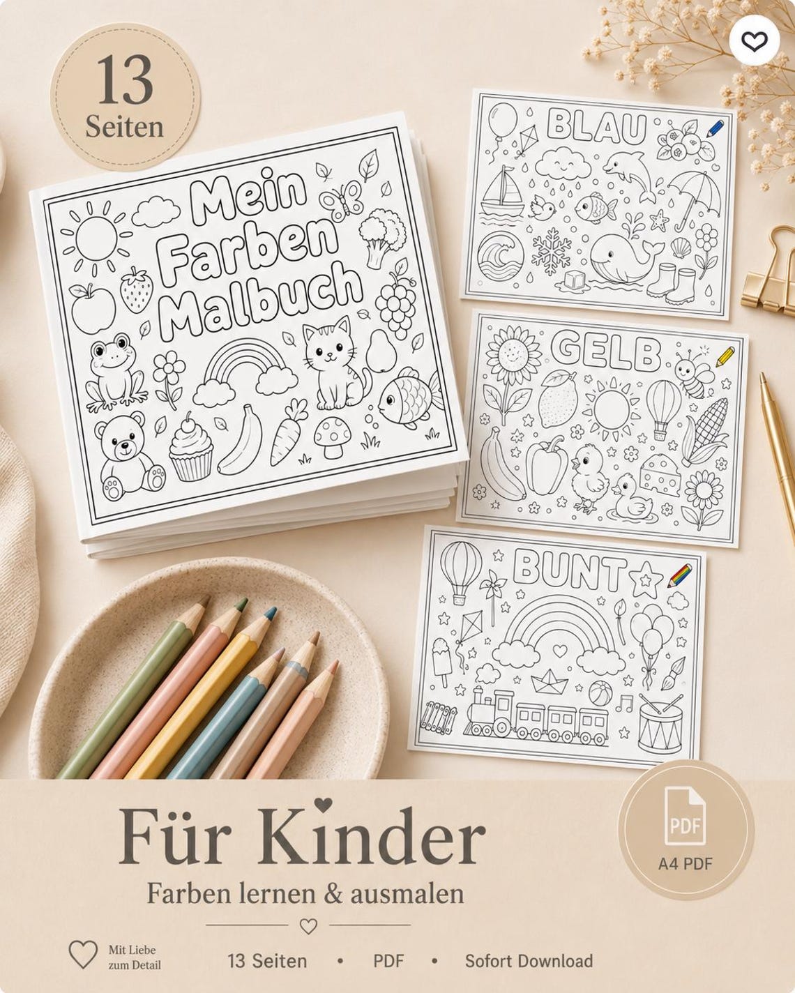 Coloring Book for Kids, Printable PDF | 13 Pages With Cover & Colors ...