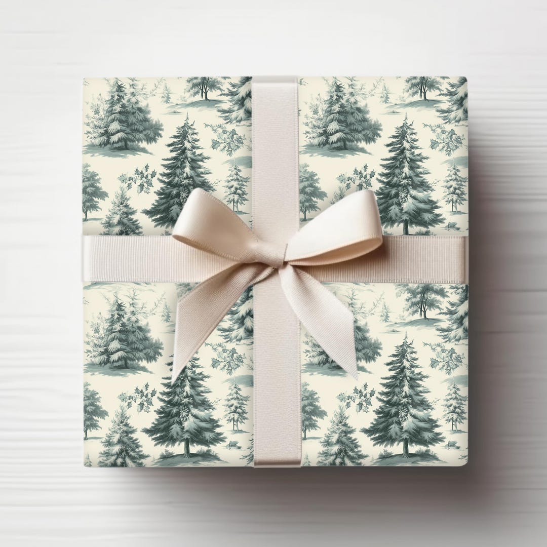 Vintage Toile Christmas Tree Wrapping Paper - Sage Green Toile De Jouy ...
